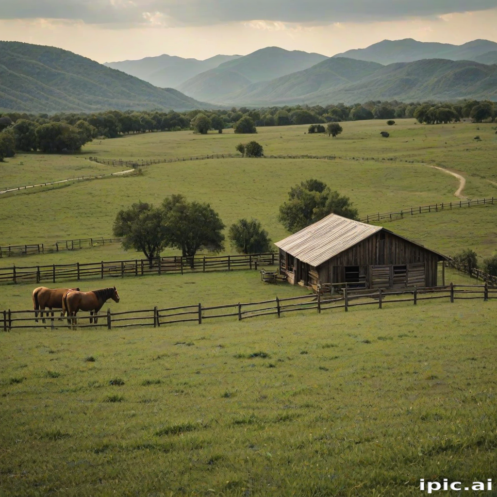 Serene Countryside Scene with Horses and a Rustic Barn Surrounded by ...