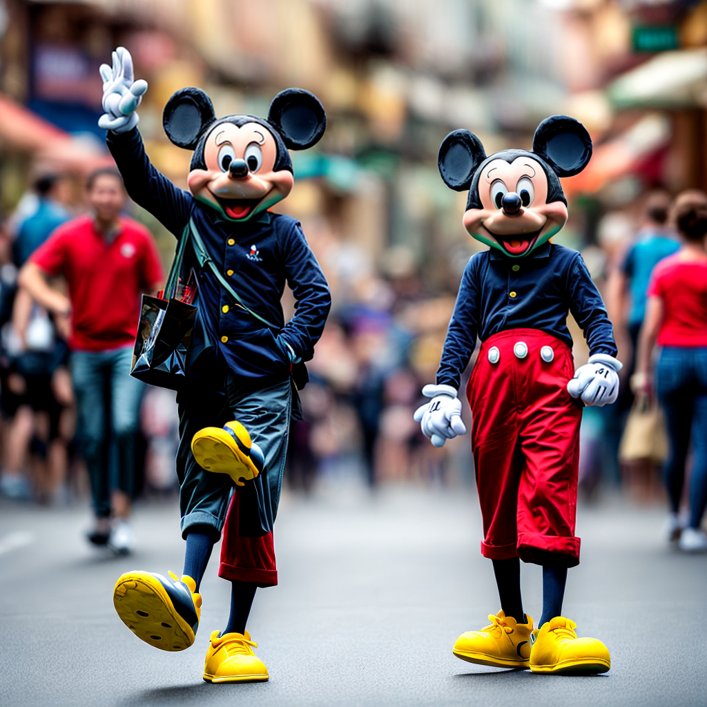 close-up view of mickey mouse walking on shopping street in the town of ...