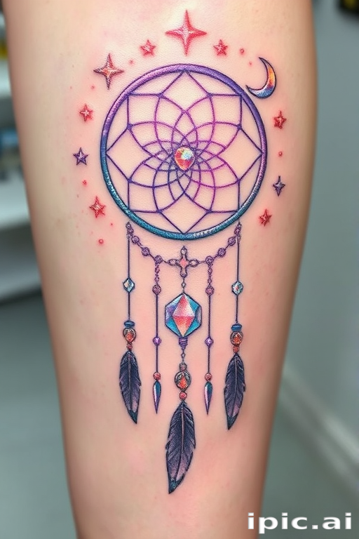 Colorful Dreamcatcher Tattoo with Stars, Feathers, and Geometric Design ...