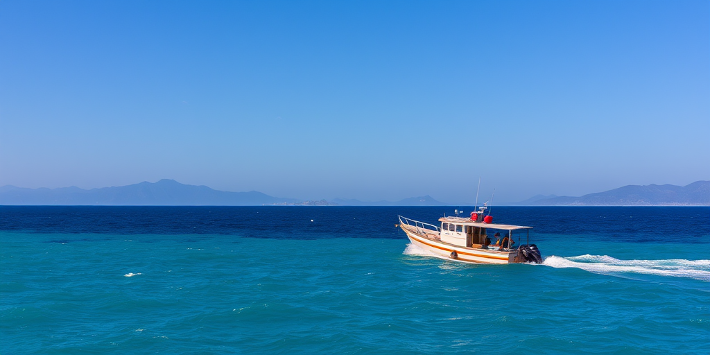 Serene Seascape with a Small Boat Gliding Across Crystal Blue Waters