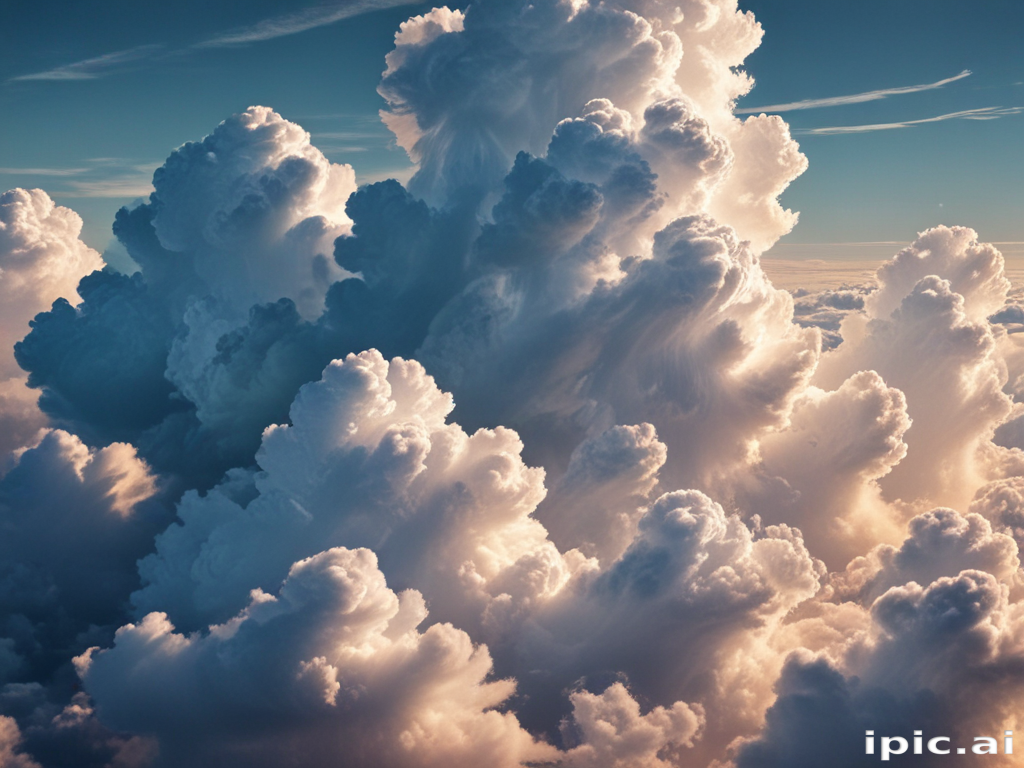 Majestic Pillars of Fluffy Clouds Illuminated by the Sunlight Above.