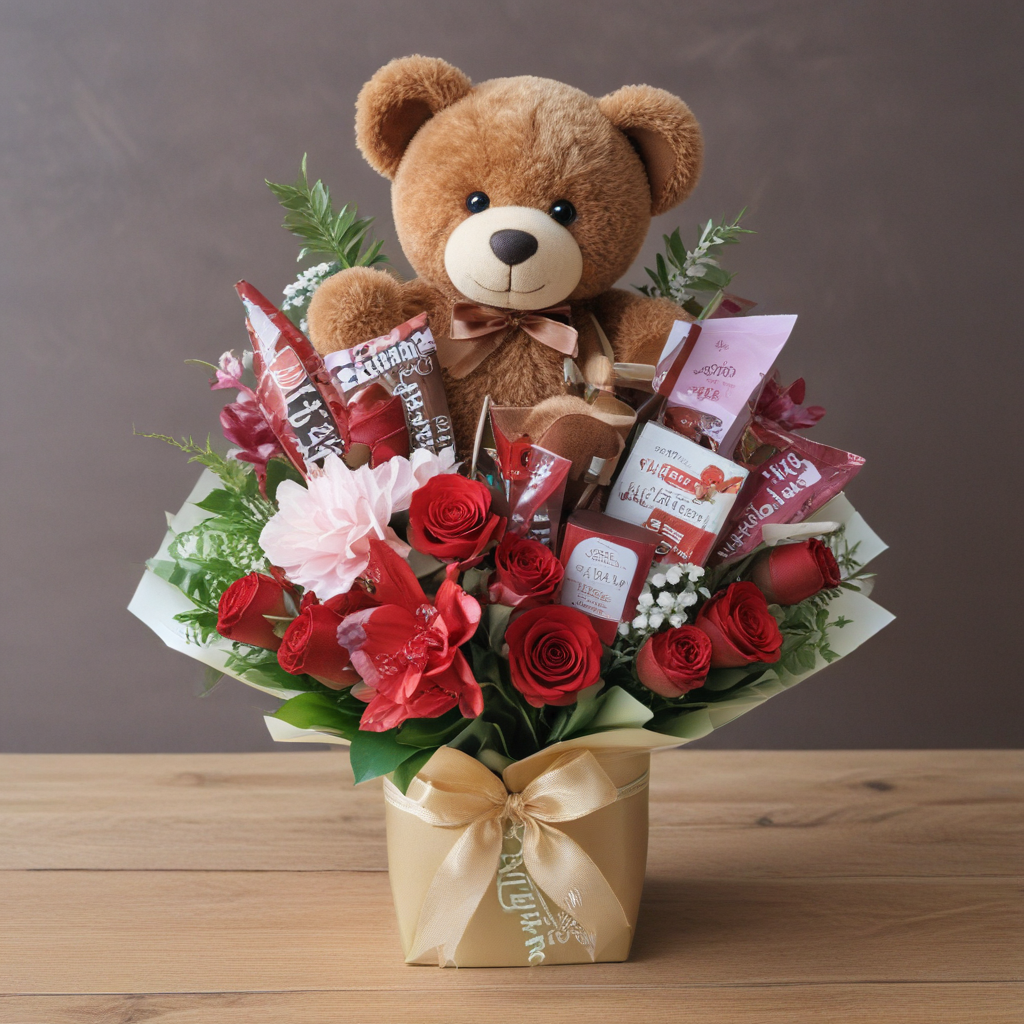 Chocolate bouquet with Teddy bear as a gift hamper basket