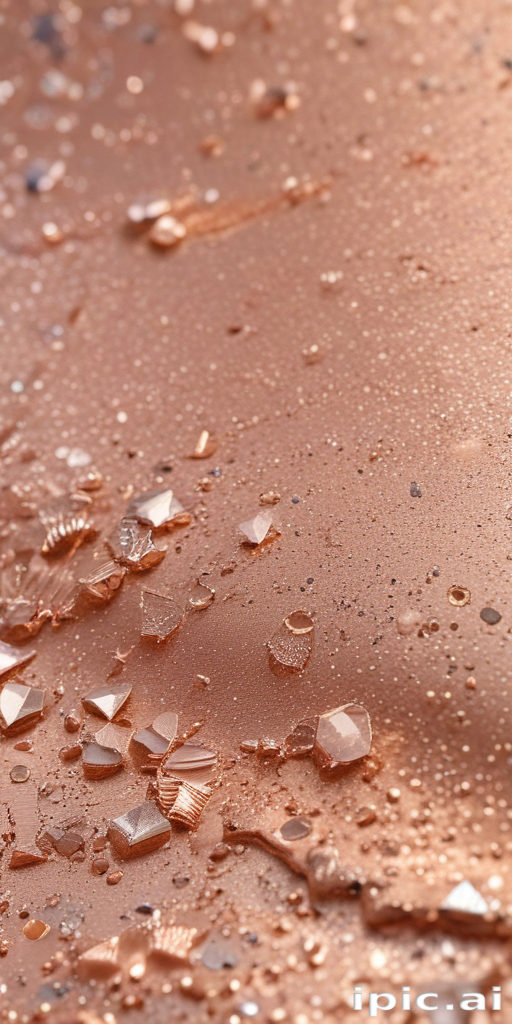 Close-Up of Shimmering Copper Surface with Crystals and Water Droplets