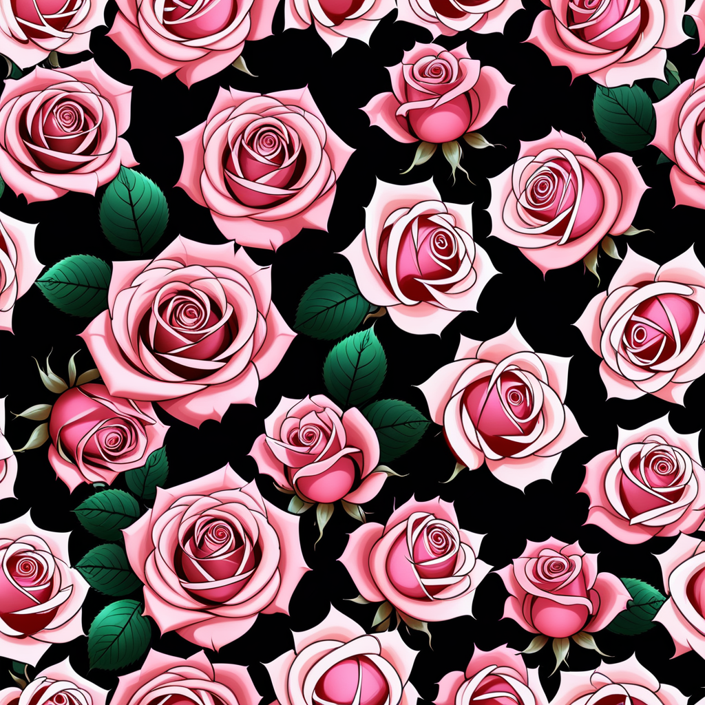 Vibrant Pink Roses with Lush Green Leaves on a Black Background