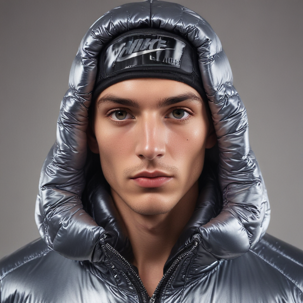 Male supermodel nike shiny puffer jacket bling jewellery hood headband