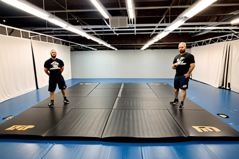 a team of mma fighters installing a mat at their new facility