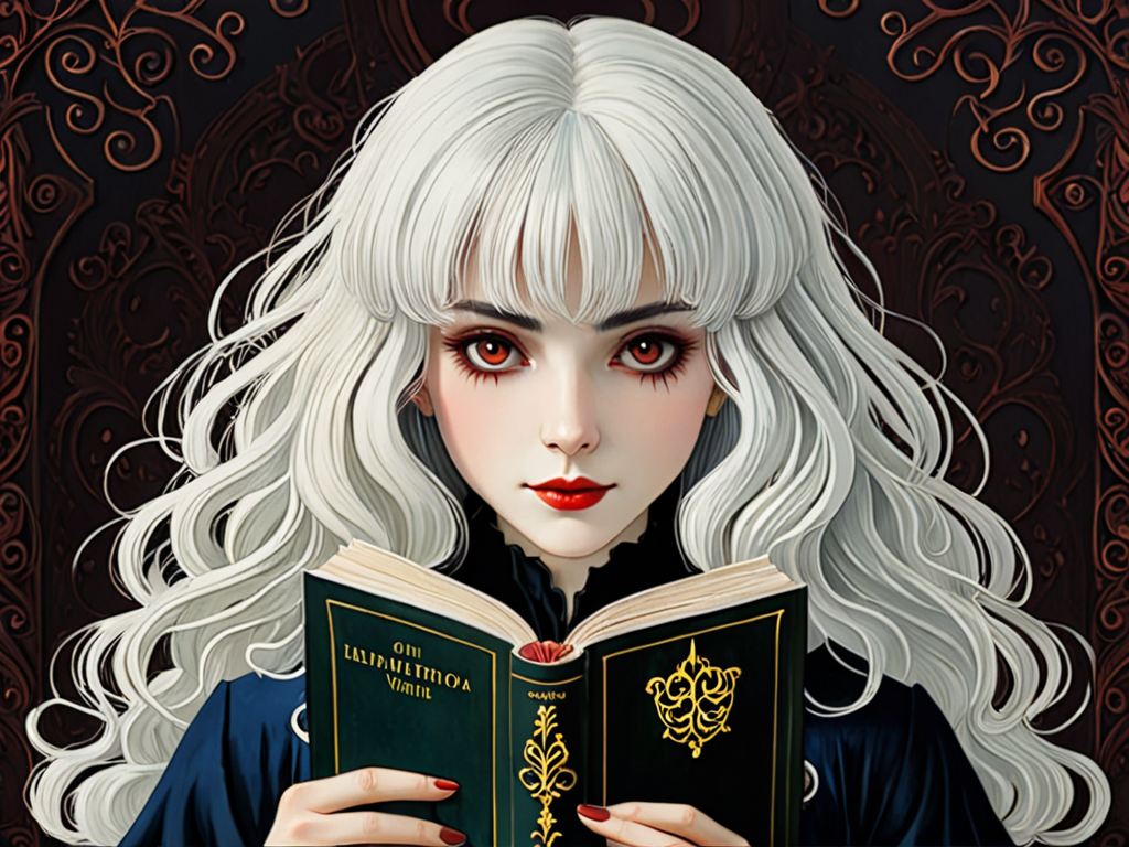 Ghibli 2d woman vampire white curly hair Dark creepy book doubleBangs ...