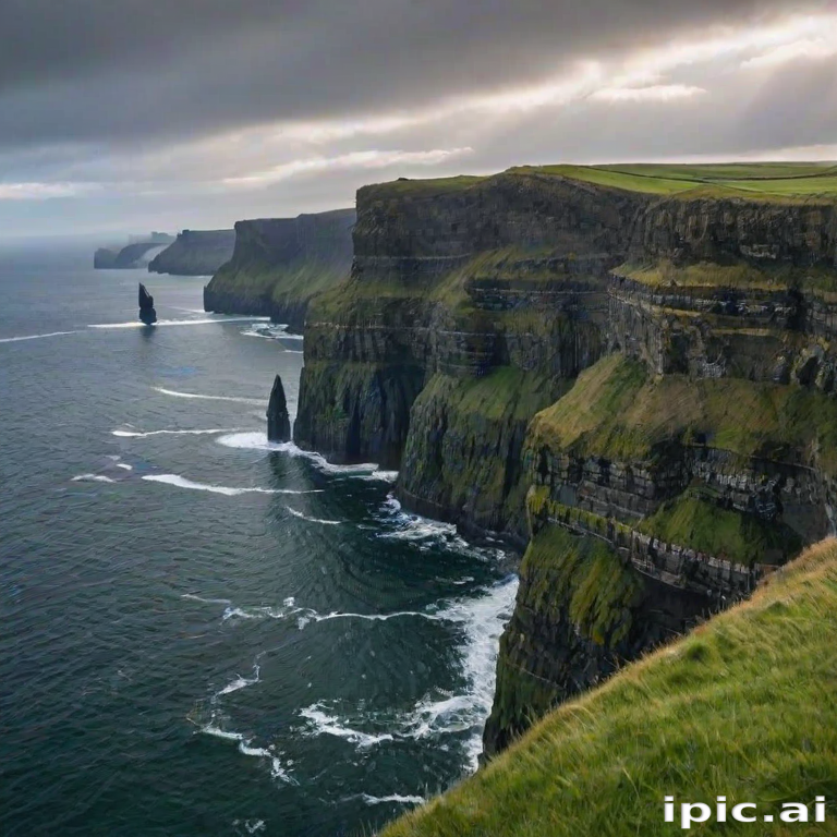 Majestic Cliffs Overlooking the Ocean with Dramatic Skies and Waves.