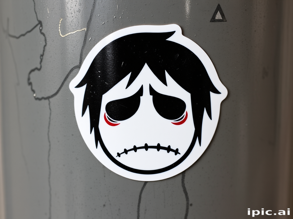 A Sad Cartoon Face Sticker on a Gray Metal Surface.