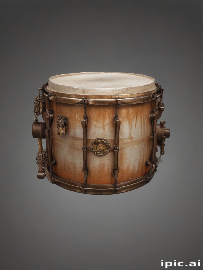 Vintage Drum with Rustic Finish and Intricate Details on Display