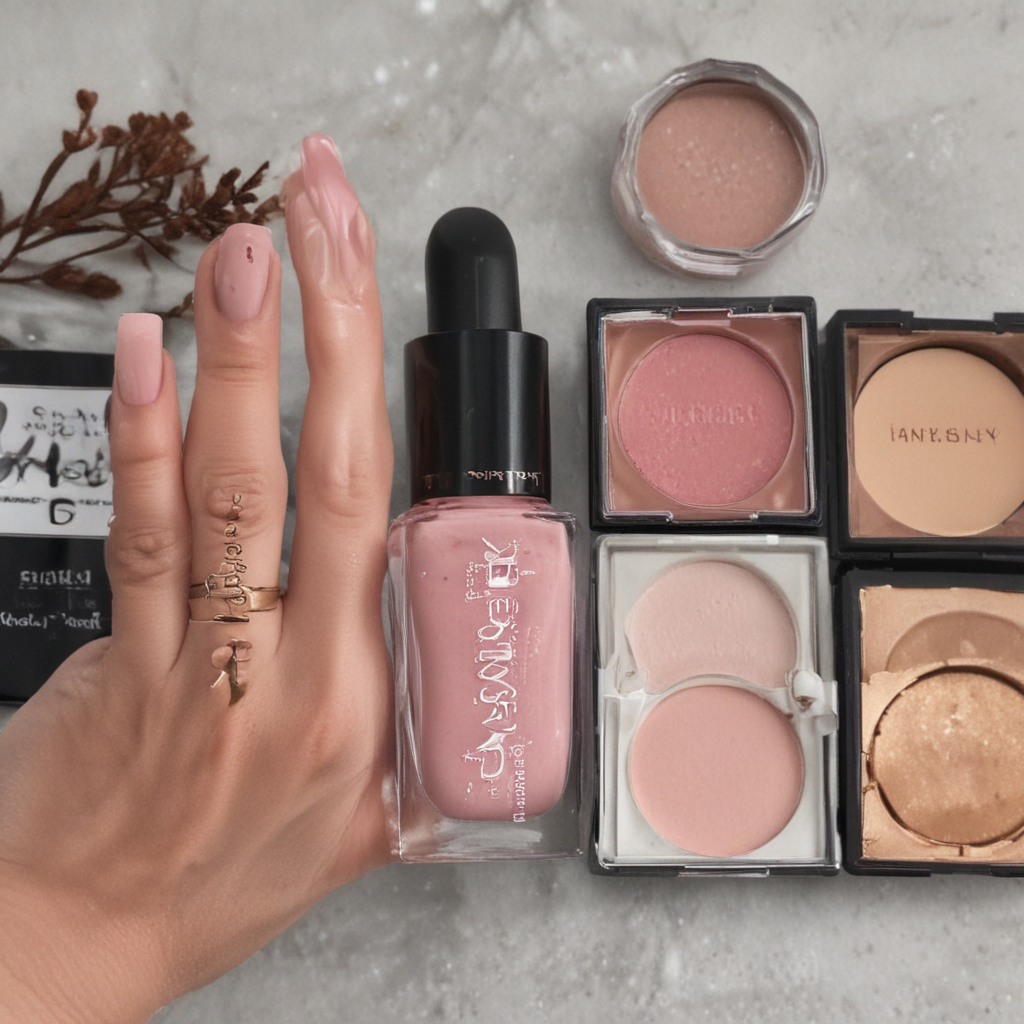 Beauty Essentials: A Hand Displaying Makeup Products and Nail Polish