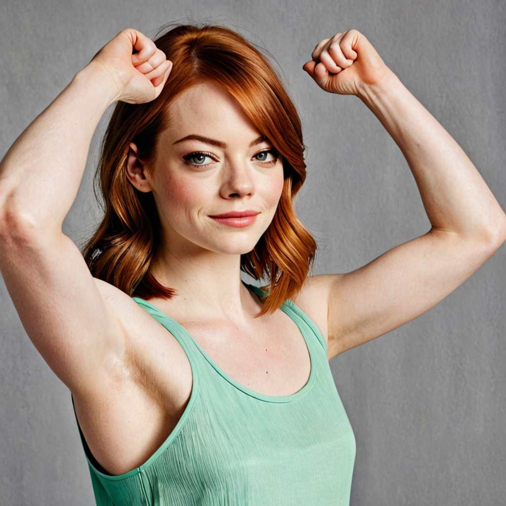 Youthful Emma Stone, showing big muscles