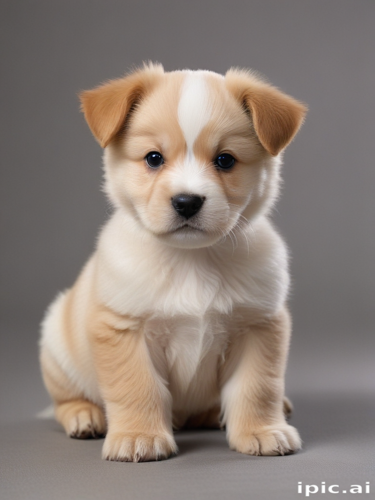 Adorable puppy with fluffy fur and expressive eyes sitting gracefully.