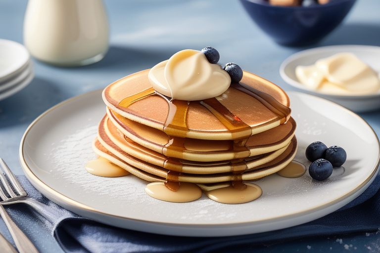 Delicious Stack of Fluffy Pancakes Topped with Cream and Fresh Blueberries
