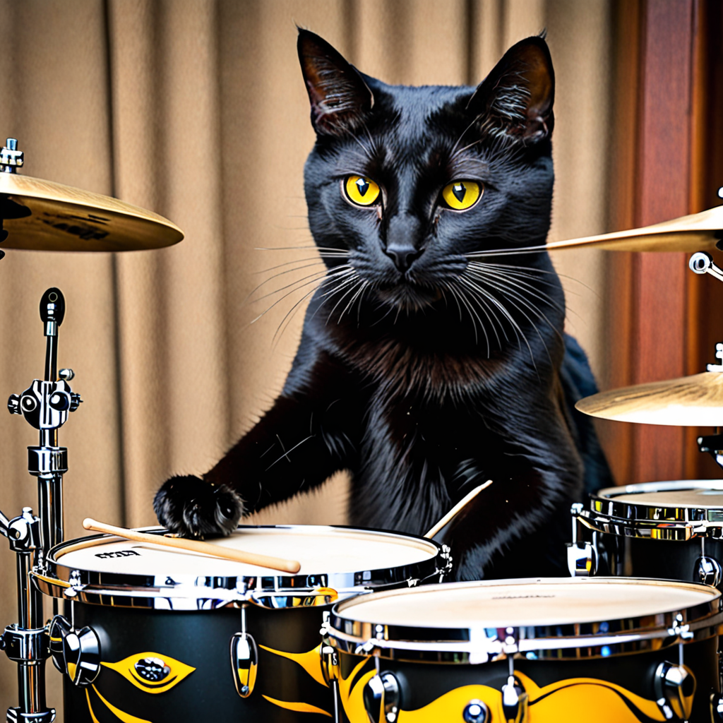 Nelson the black cat with yellow eyes playing the drums with his paws