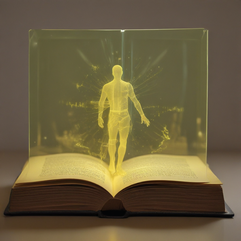 a yellow magic book that makes a hologram of people when its opened