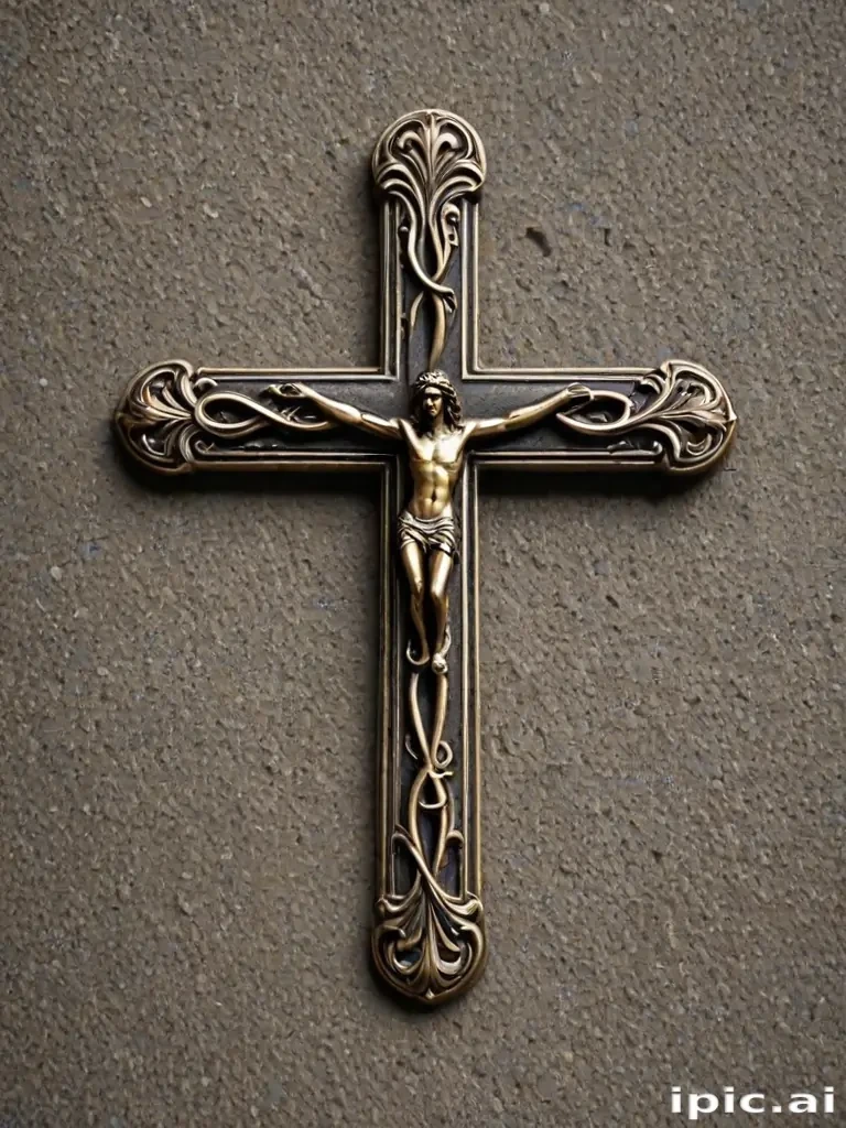 Ornate Decorative Cross Featuring a Figure of Christ on the Wall