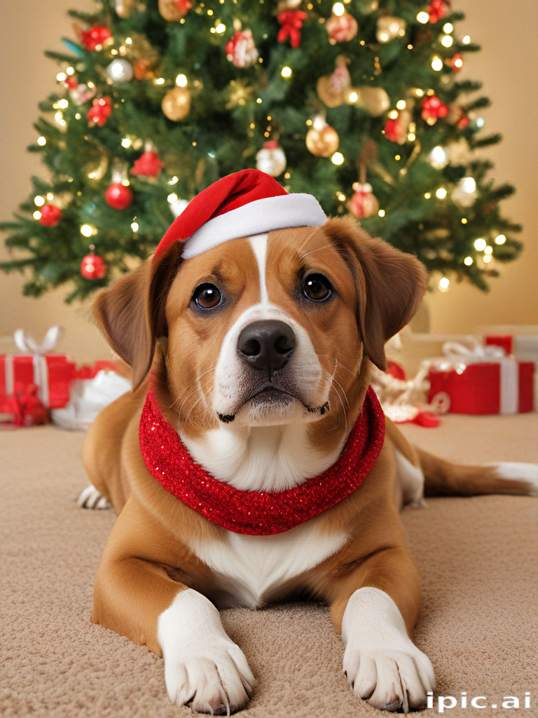 A Festively Dressed Dog Relaxing in Front of a Christmas Tree.
