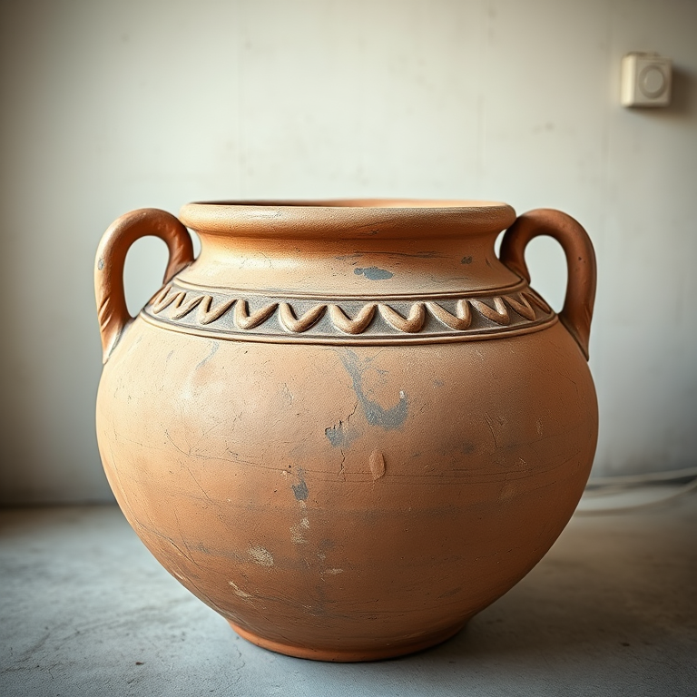 Traditional Clay Pot with Decorative Handles and Patterns on Surface