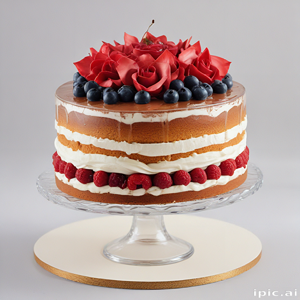 Deliciously Decorated Layer Cake Topped with Fresh Berries and Roses