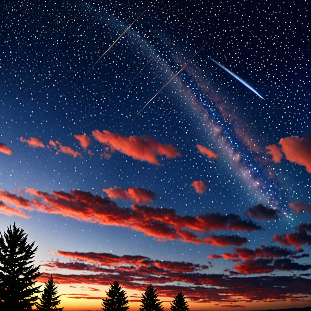 Shooting star through dawn, high resolution, high detail, photorealism 1:4