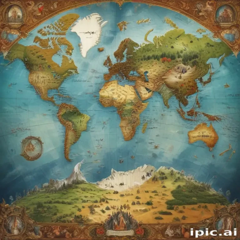 Artistic World Map Featuring Diverse Landscapes and Intricate ...