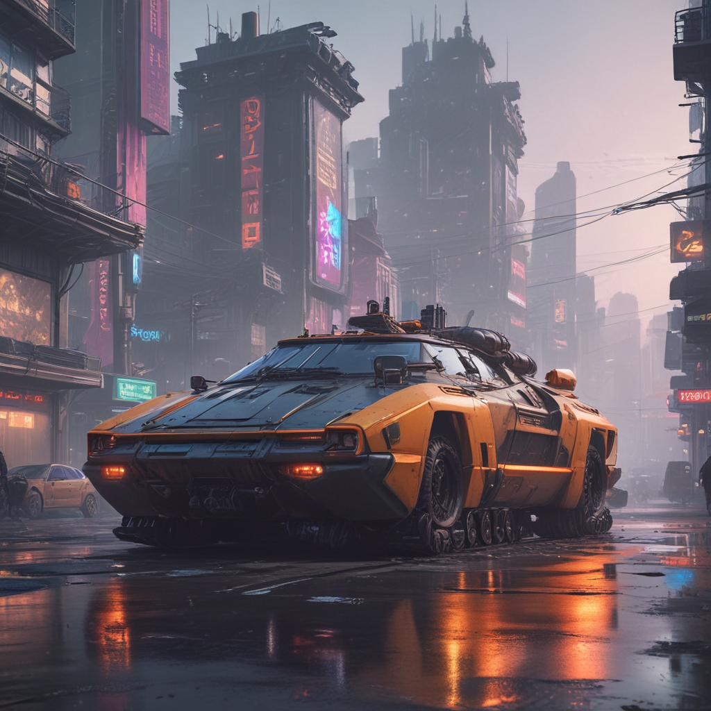 Morning in cyberpunk cityscape: neon, hovercraft, buzz.