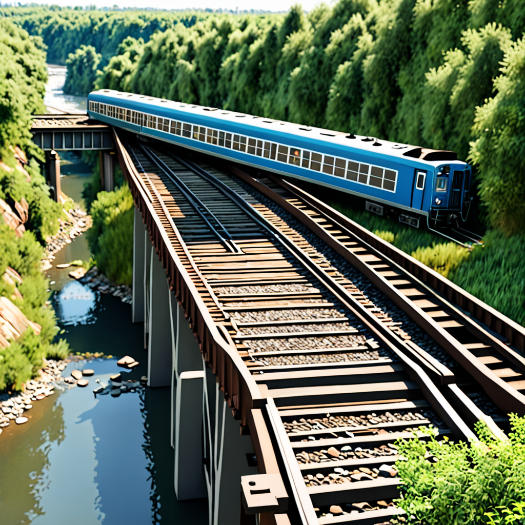 crashed train on bridge over river realistic