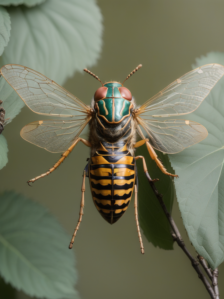 Close-Up of a Colorful Cicada Resting on Green Leaves in Nature