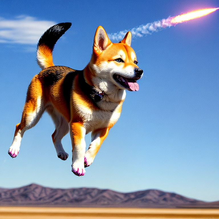 a cute shiba inu in a taurus missile flying over blue skies