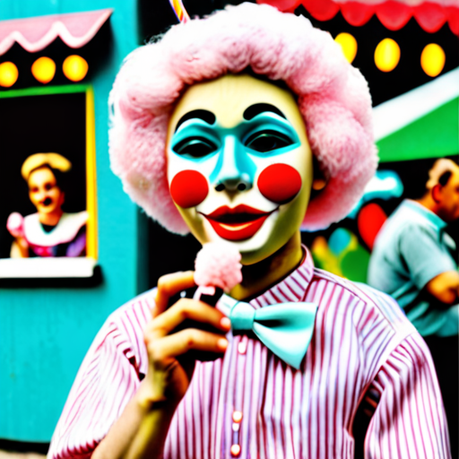 Photo realistic mid century pastel puppets at a carnival eating cotton ...