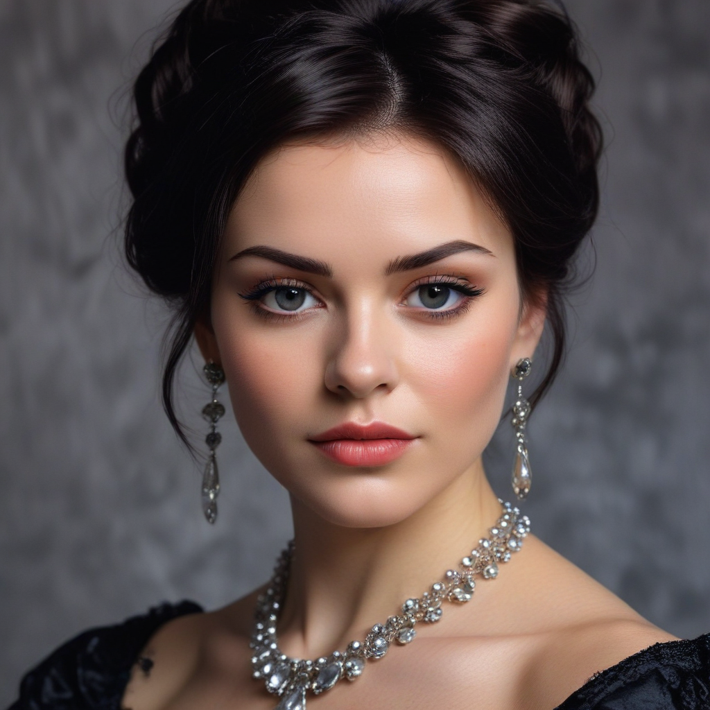 Tudor queen, light eyes, dark hair, sharp features