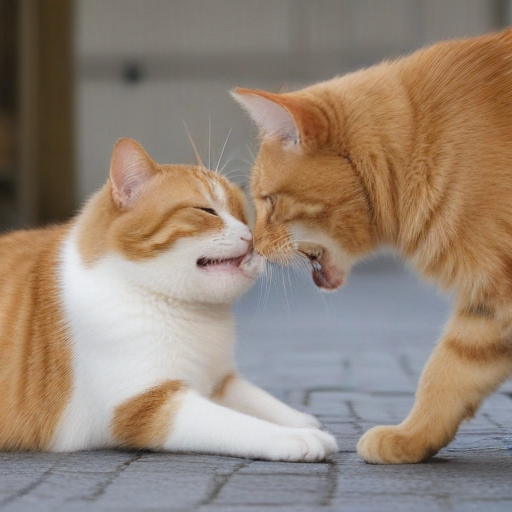 an orange cat punching another cat in the face