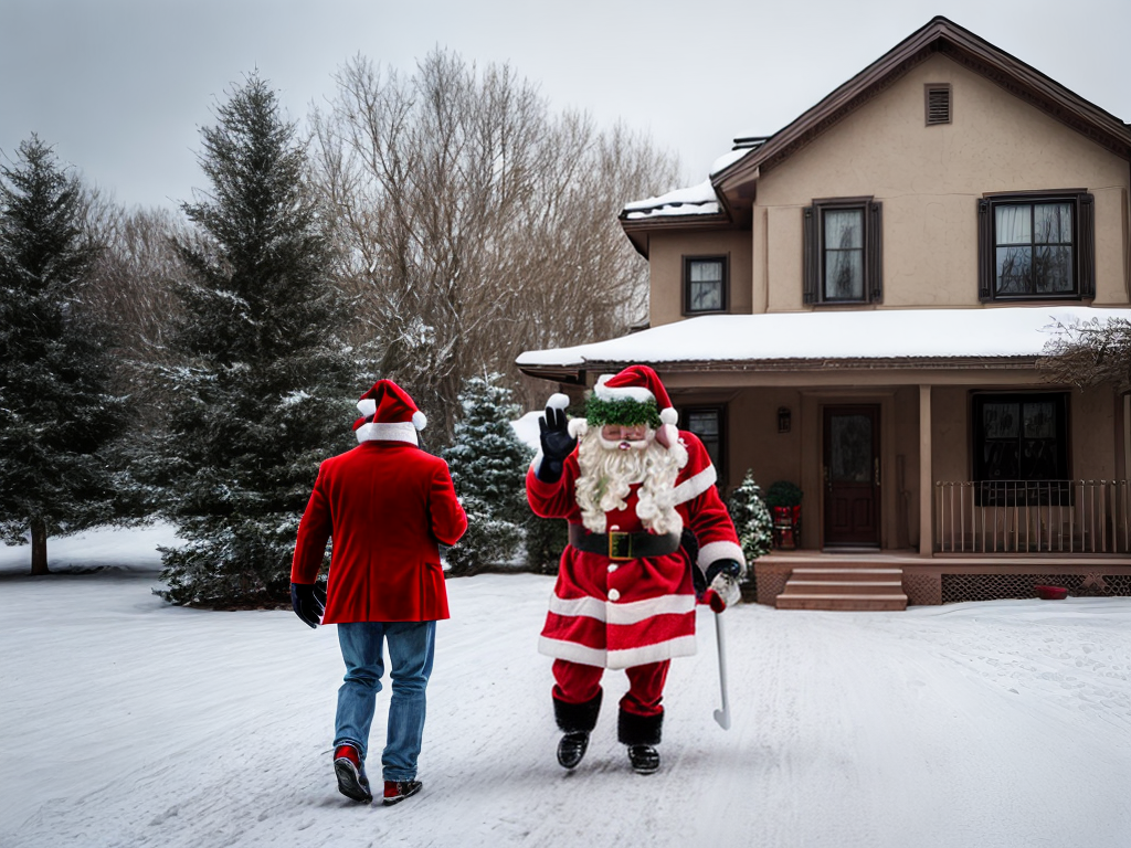 santa fighting the rich people in a house