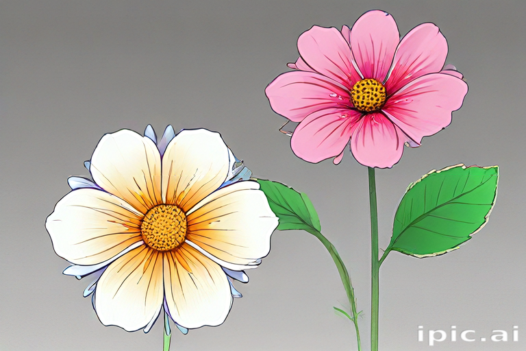 Two Beautiful Hand-Drawn Flowers with Delicate Petals and Vibrant Colors