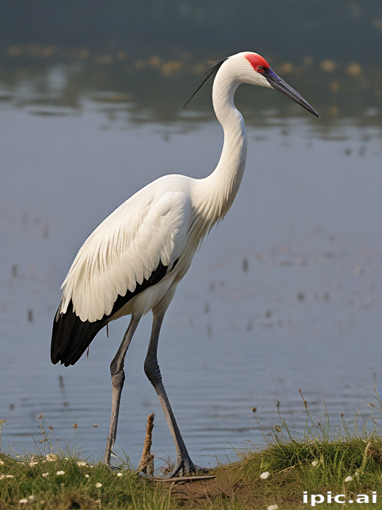 Elegant White Crane Standing Gracefully by the Calm Waterside Environment.