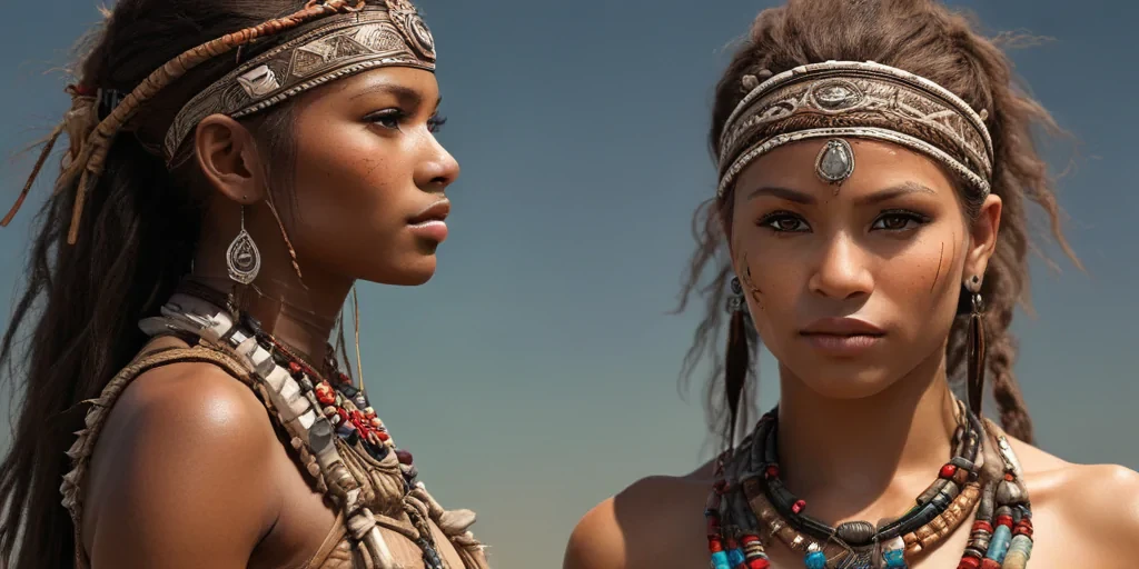 Two Beautiful Women Adorned in Tribal Jewelry Against a Clear Sky