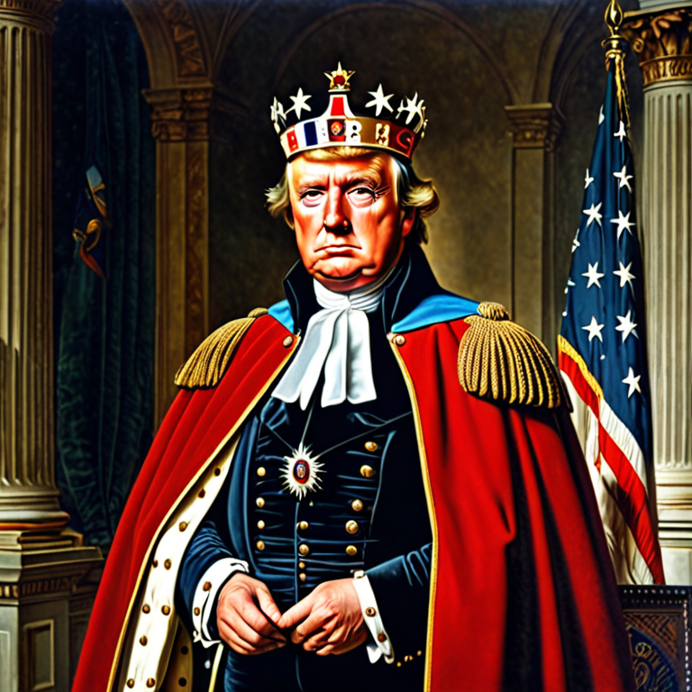 trump whit a crown and American flag cape in the portrait of Napoleon