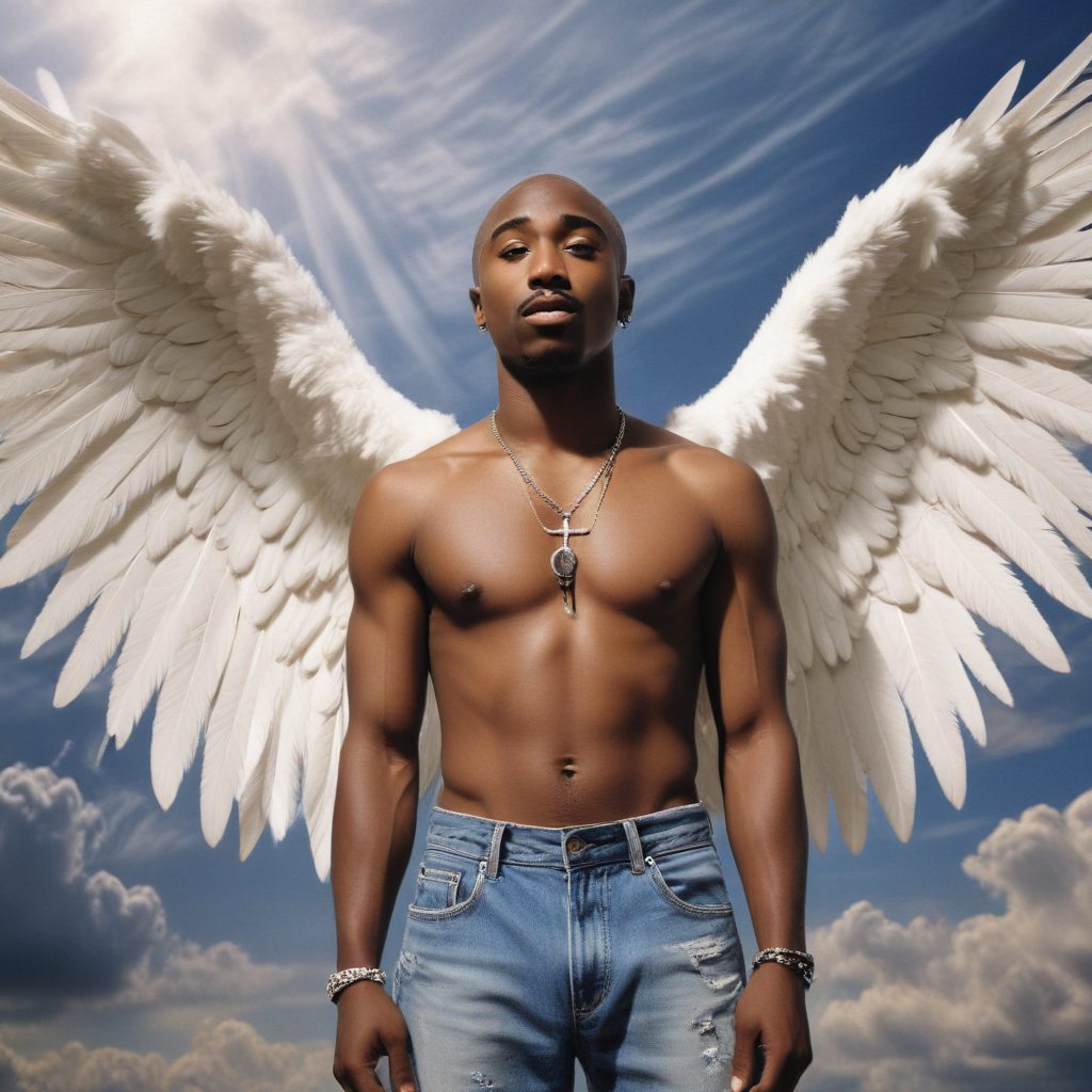 Tupac Shakur standing in heaven with angel wings
