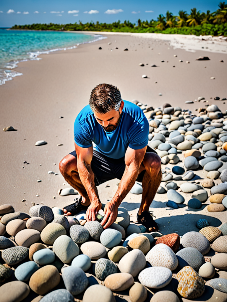 man gathers rocks on a deserted island
