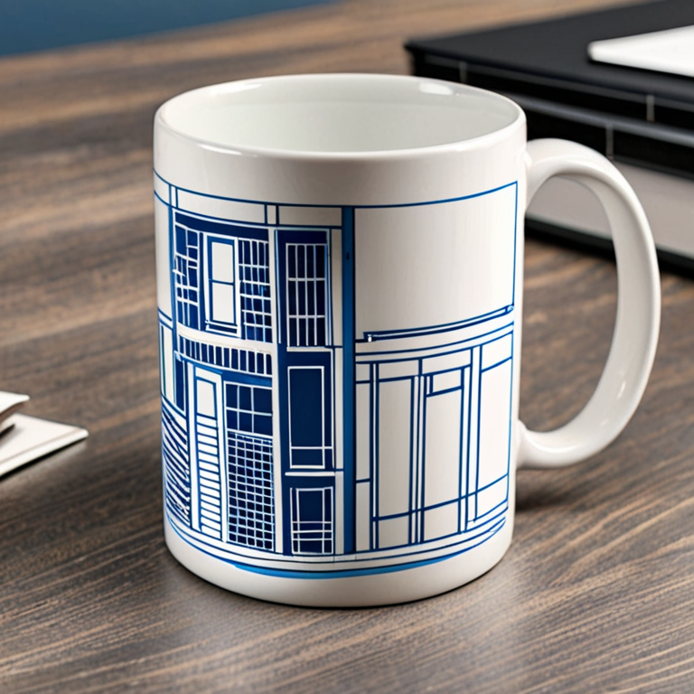 blueprint style art piece of a coffee mug