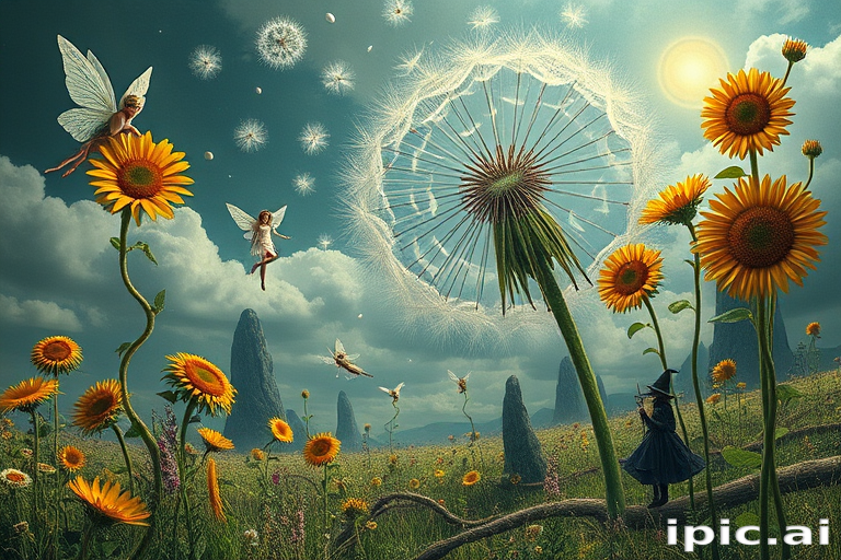 Enchanted Garden: Fairies Dancing Among Giant Sunflowers and Dandelions