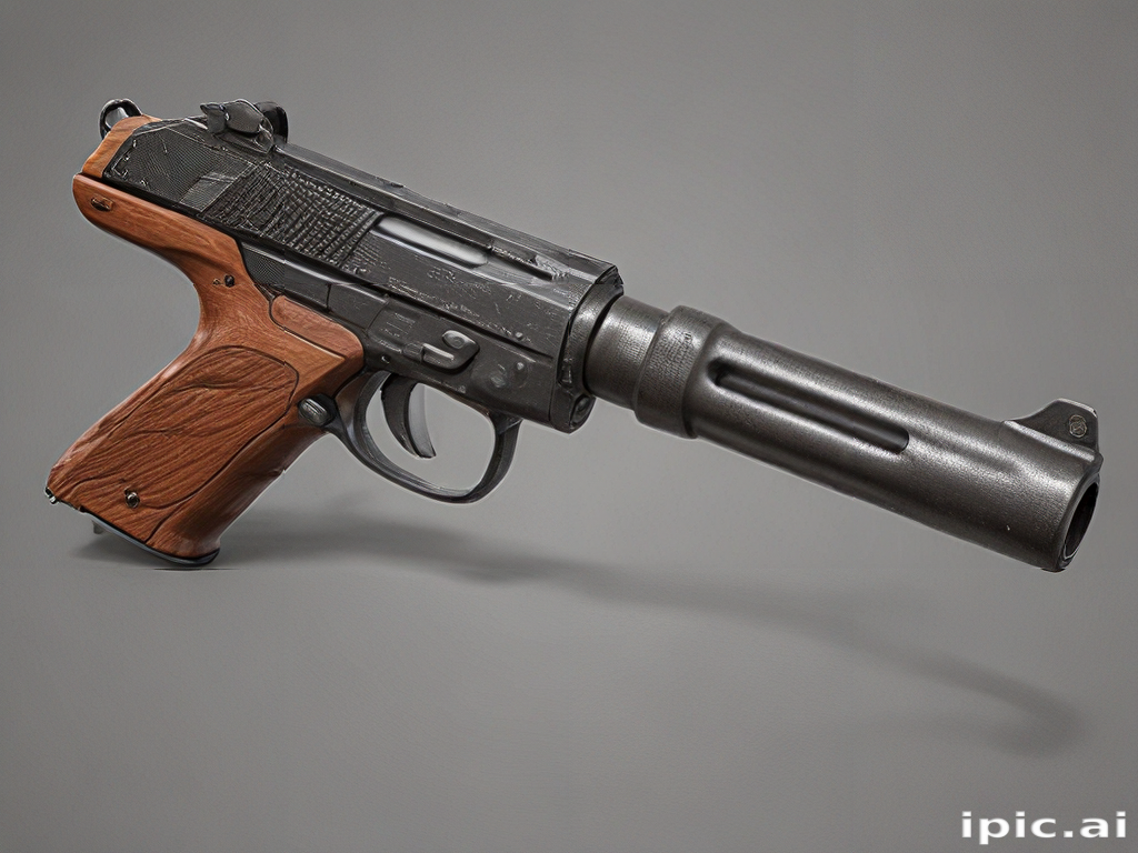 A Detailed View of a Modern Handgun with Wooden Grip and Silencer.
