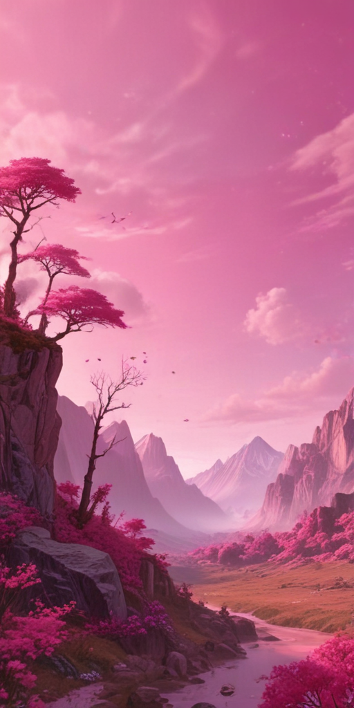 A Serene Landscape of Vibrant Pink Trees and Majestic Mountains.