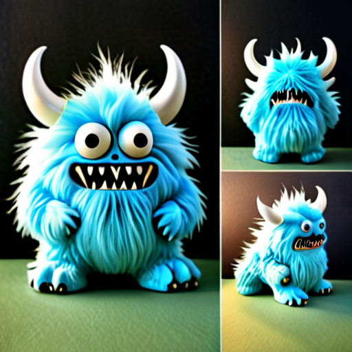 Photo realistic mid century realistic creepy fluffy light blue monsters