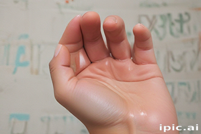 A close-up view of a human hand with glistening moisture on skin.
