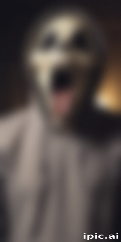 An Eerie Figure in a Distorted Mask Amidst a Dark Background