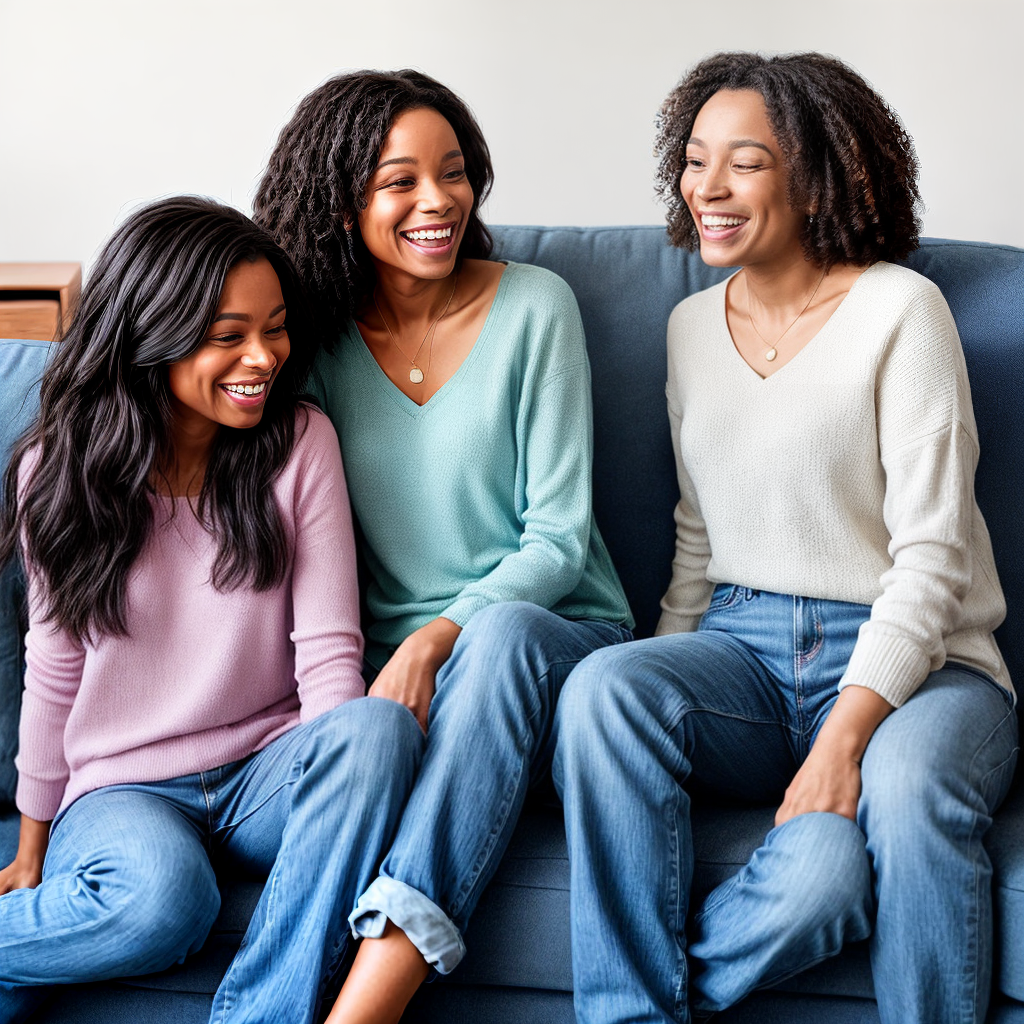 Two women talking while sitting on a couch lightly clothed and laughing