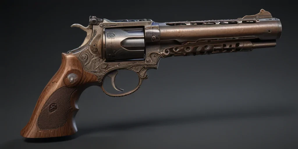 Intricately Designed Steampunk Revolver with Elegant Wooden Grip and ...