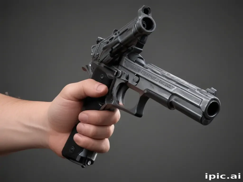 Close-Up of a Hand Holding a Realistic Black Handgun Against Gray ...